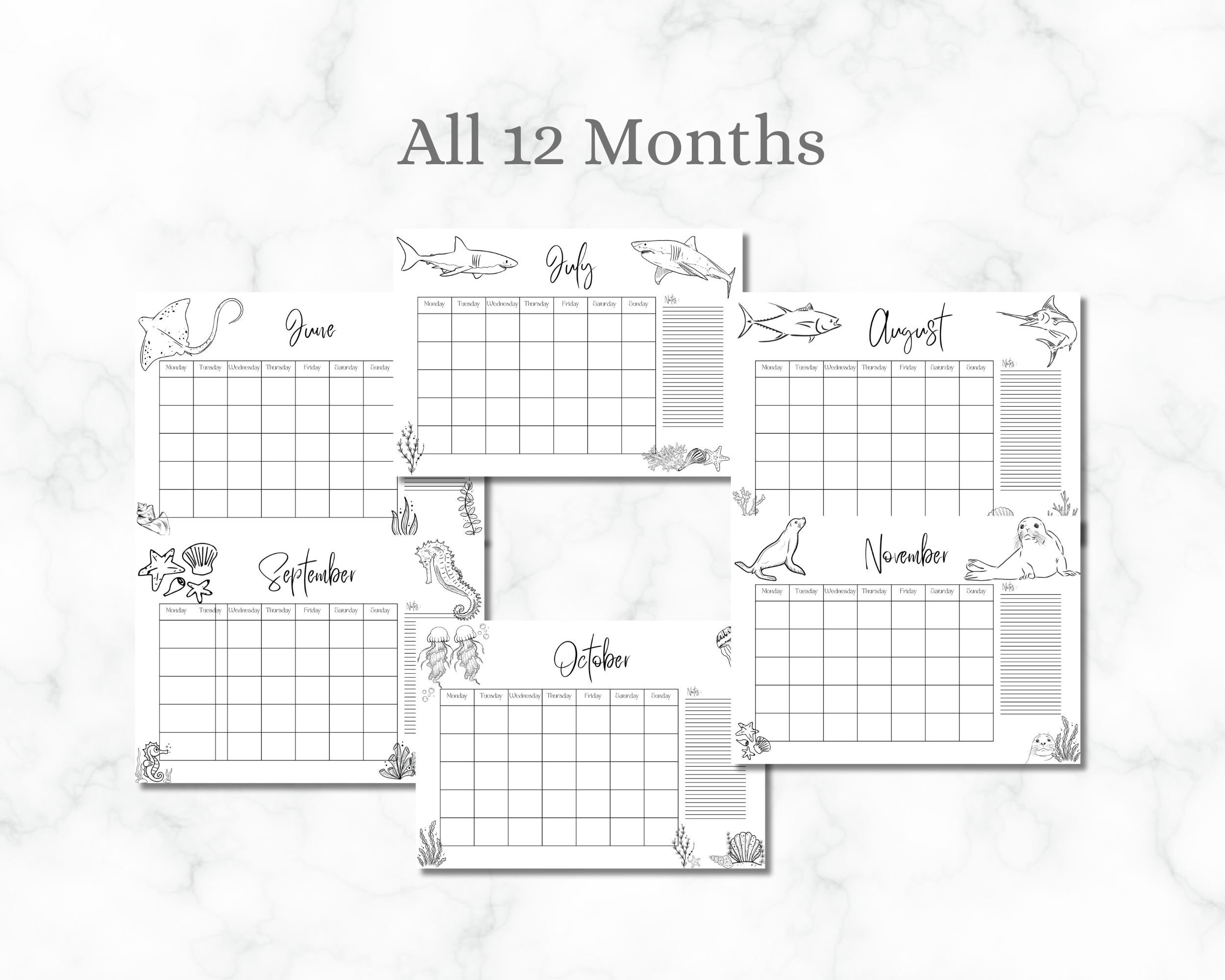Undated Monthly Calendar Printable Calendar Template Digital - Etsy