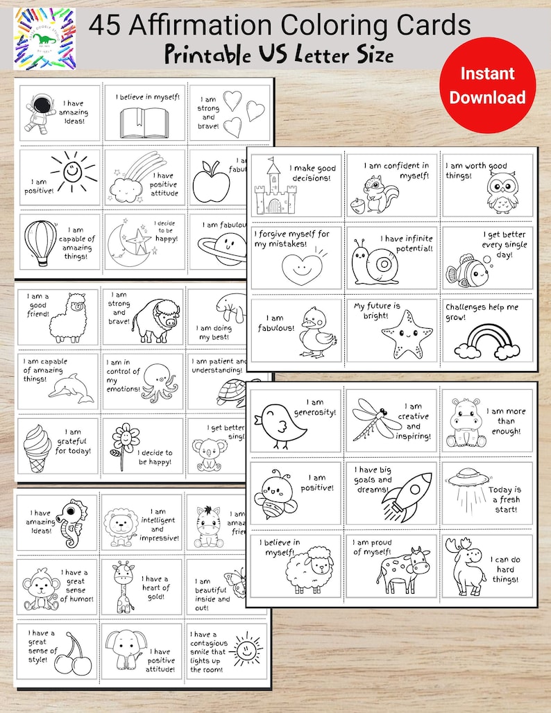 45 Printable Affirmation Coloring Cards for Kids, Coloring Cards for ...
