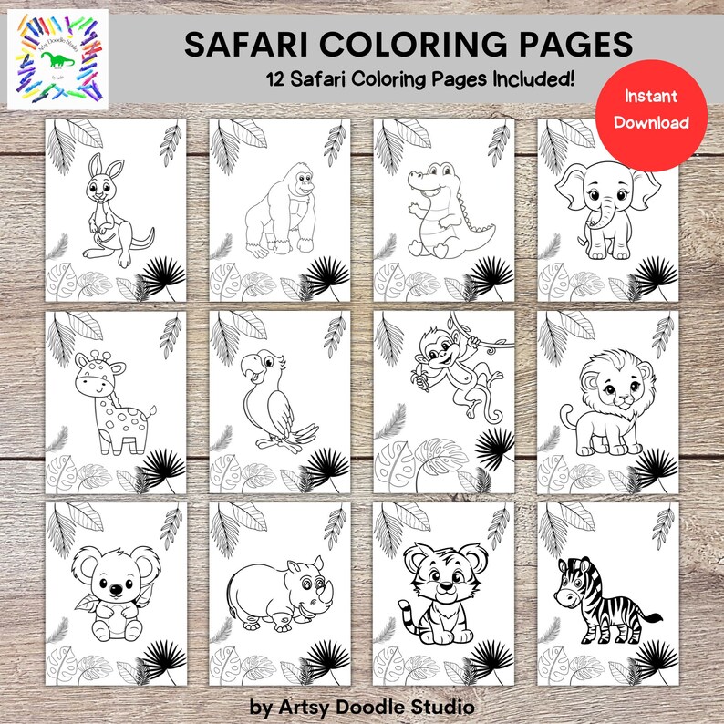 Safari Animals Coloring Pages, 12 Coloring Pages for Kids, Jungle ...