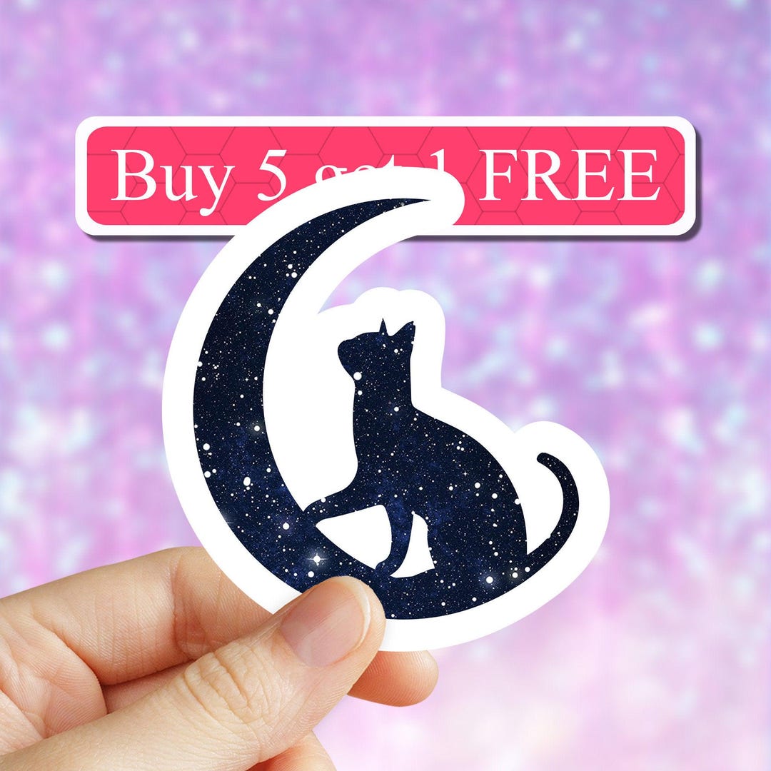 Cat Moon Sticker, Crescent Moon Cat Decal, Black Cat Sticker, Mystic ...
