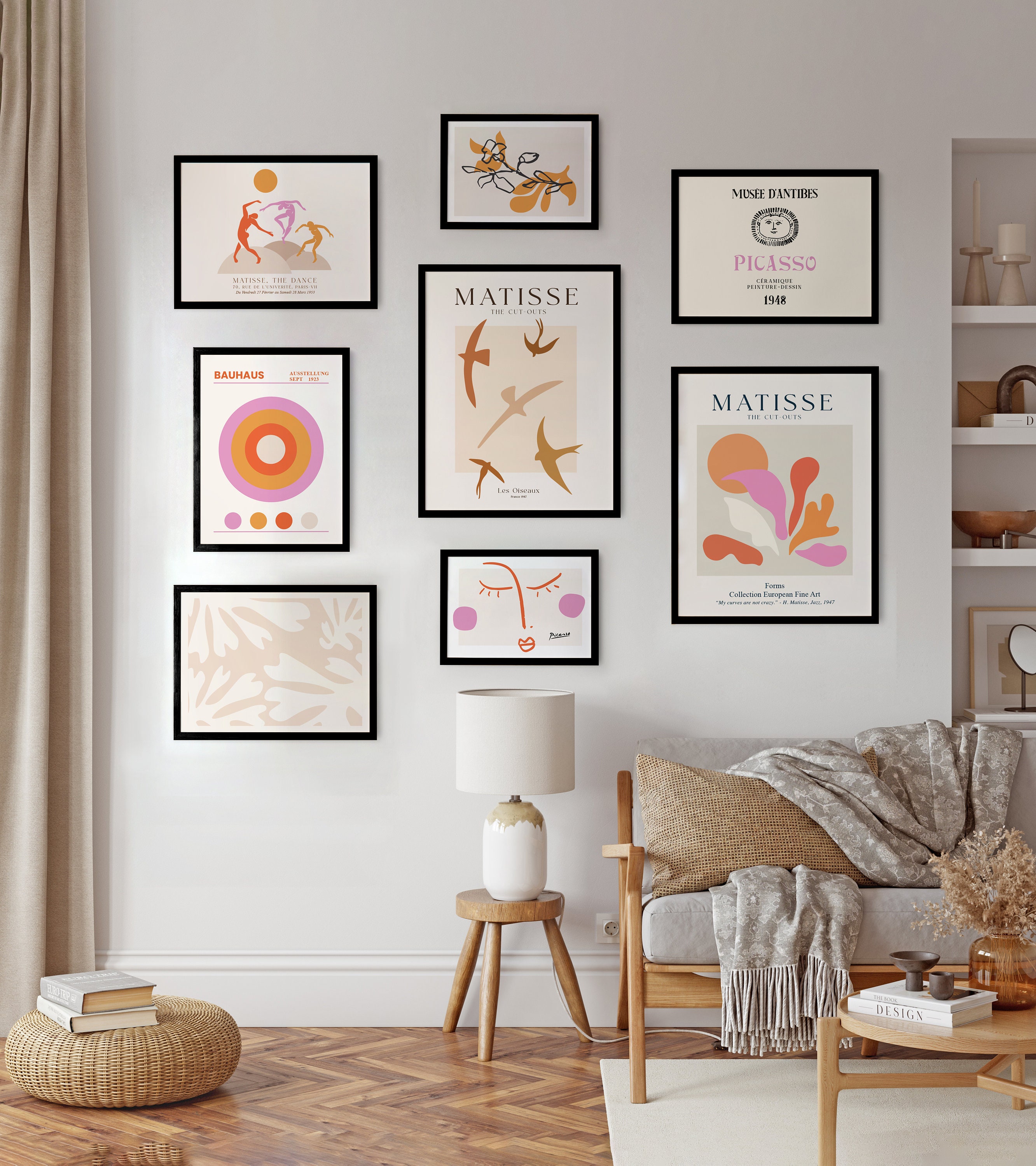 8 Piece Colorful Wall Art Frame Set, Matisse, Picasso, Bauhaus, Boho ...