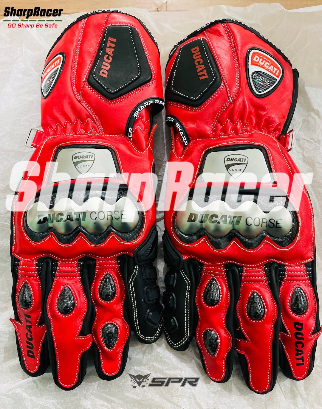 DUCATI CORSE Motorbike Racing Leather Gloves Top Grain Cowhide Leather ...