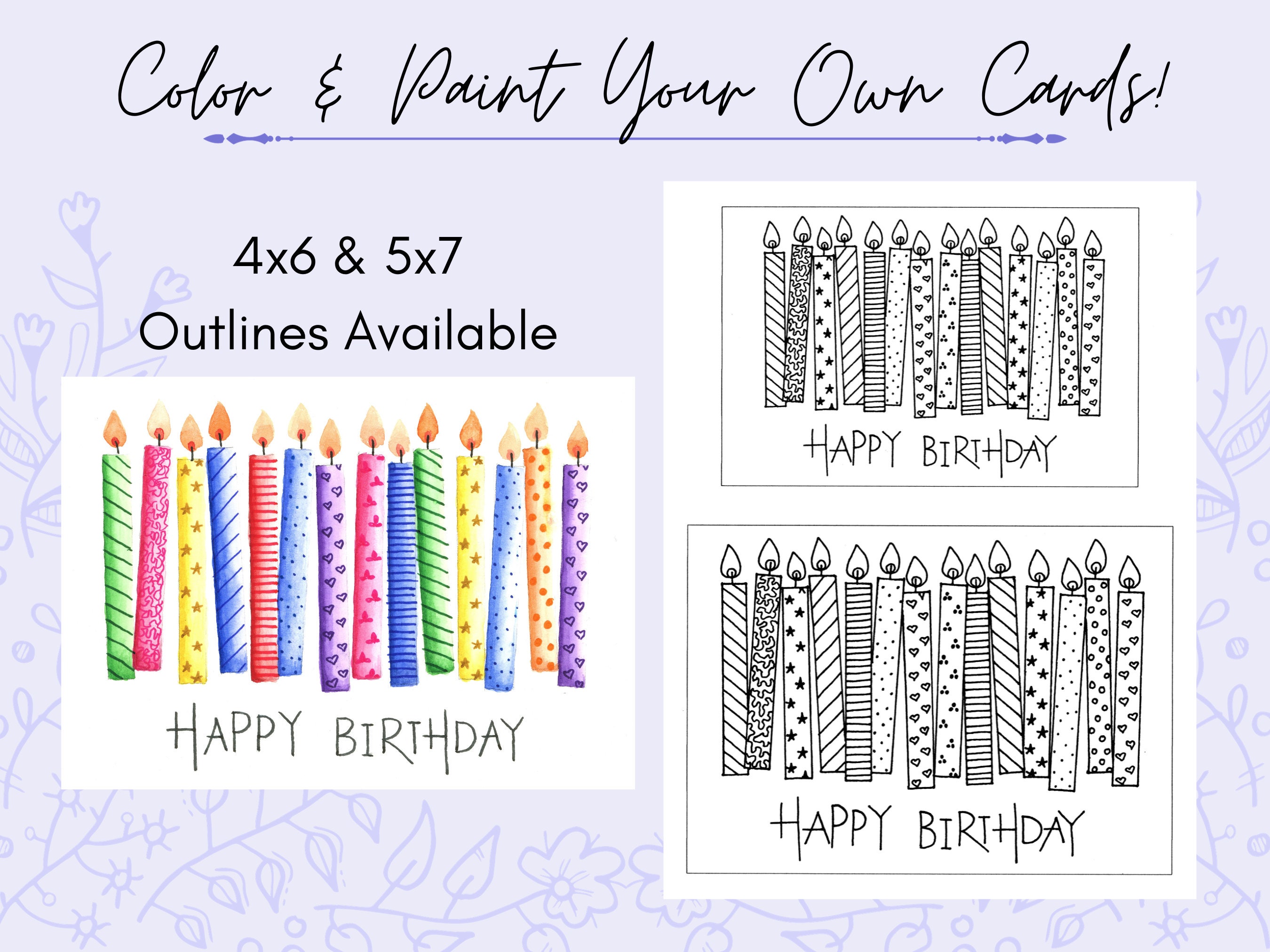 Candle Birthday Card Digital Printable Traceable Outline for Coloring ...