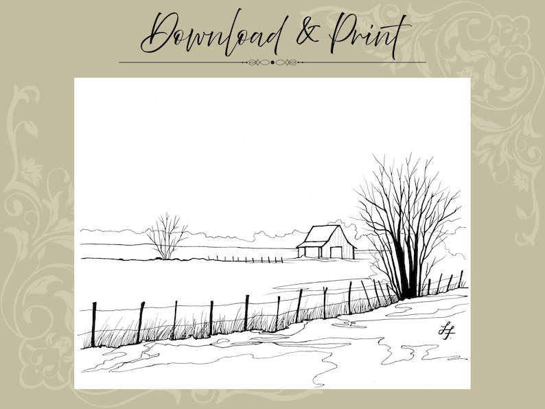 Barn Winter Landscape Drawing Outline PDF Digital Download Template for ...
