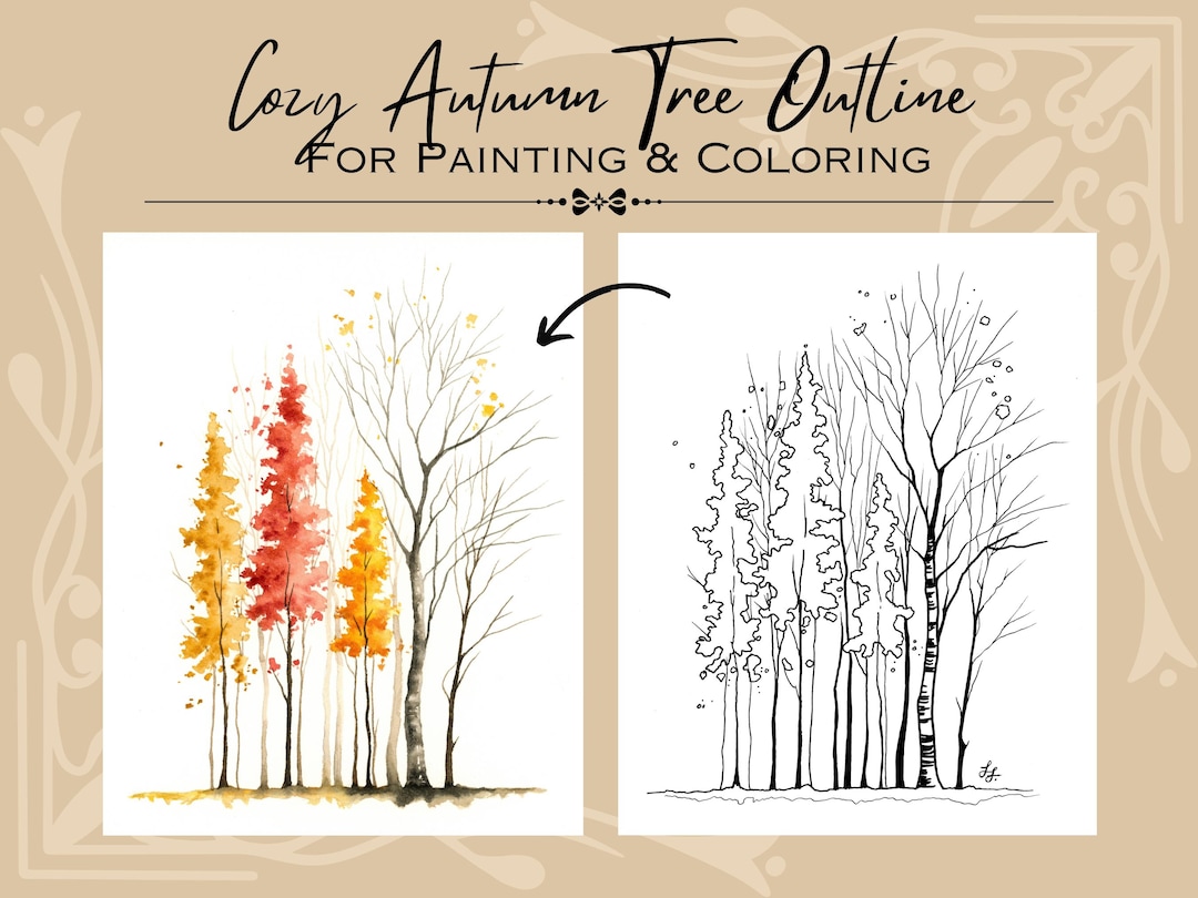 Autumn Tree Landscape Drawing Outline PDF Digital Download Traceable ...