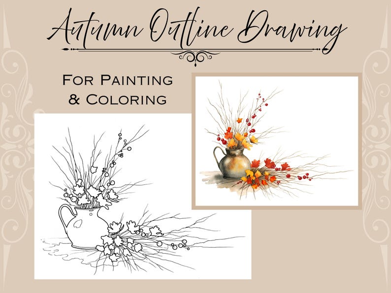 Autumn Clay Pot Arrangement Drawing Outline PDF Digital Download ...