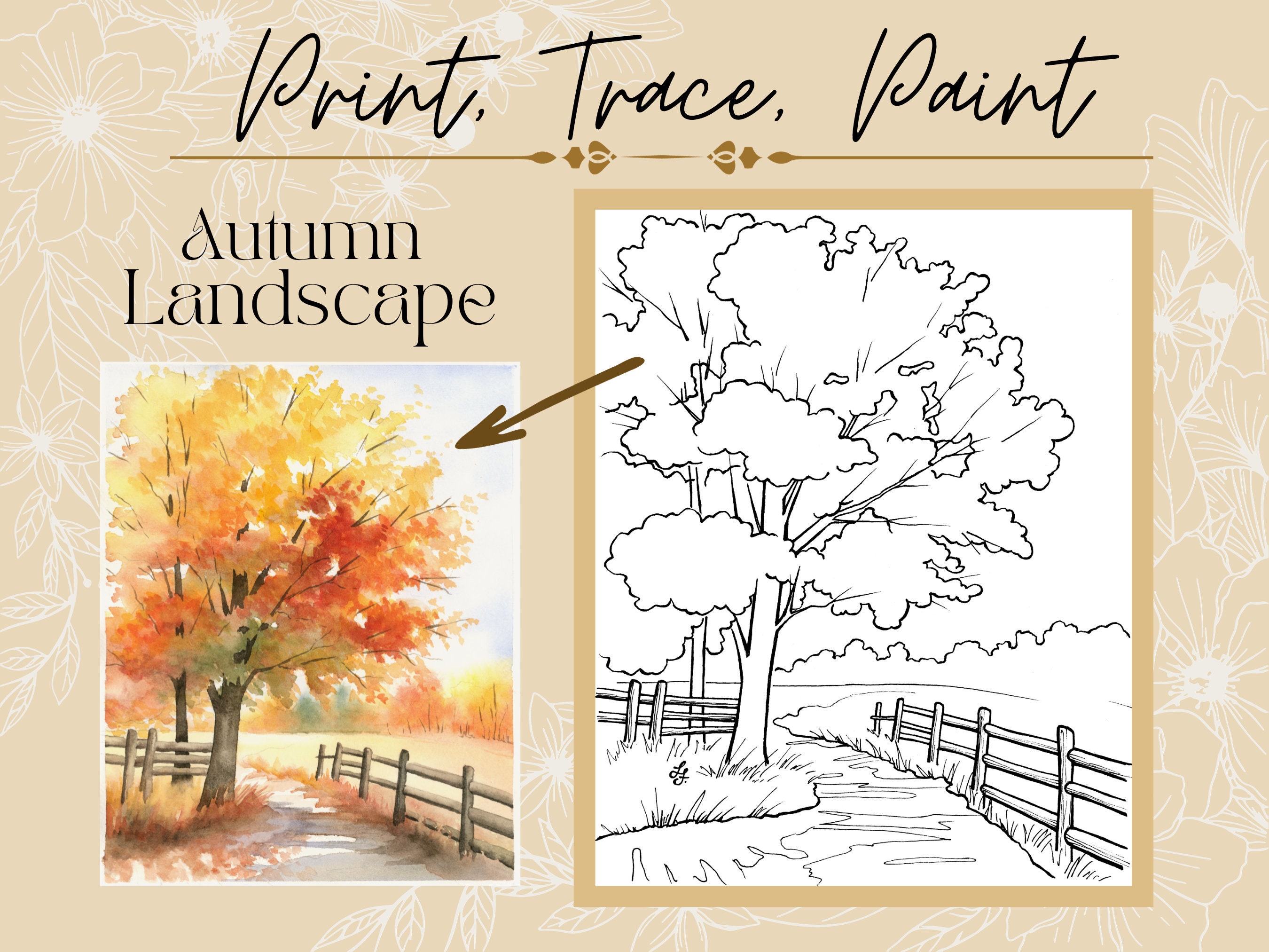 Autumn Tree Landscape Printable Outline Traceable Template for Drawing ...