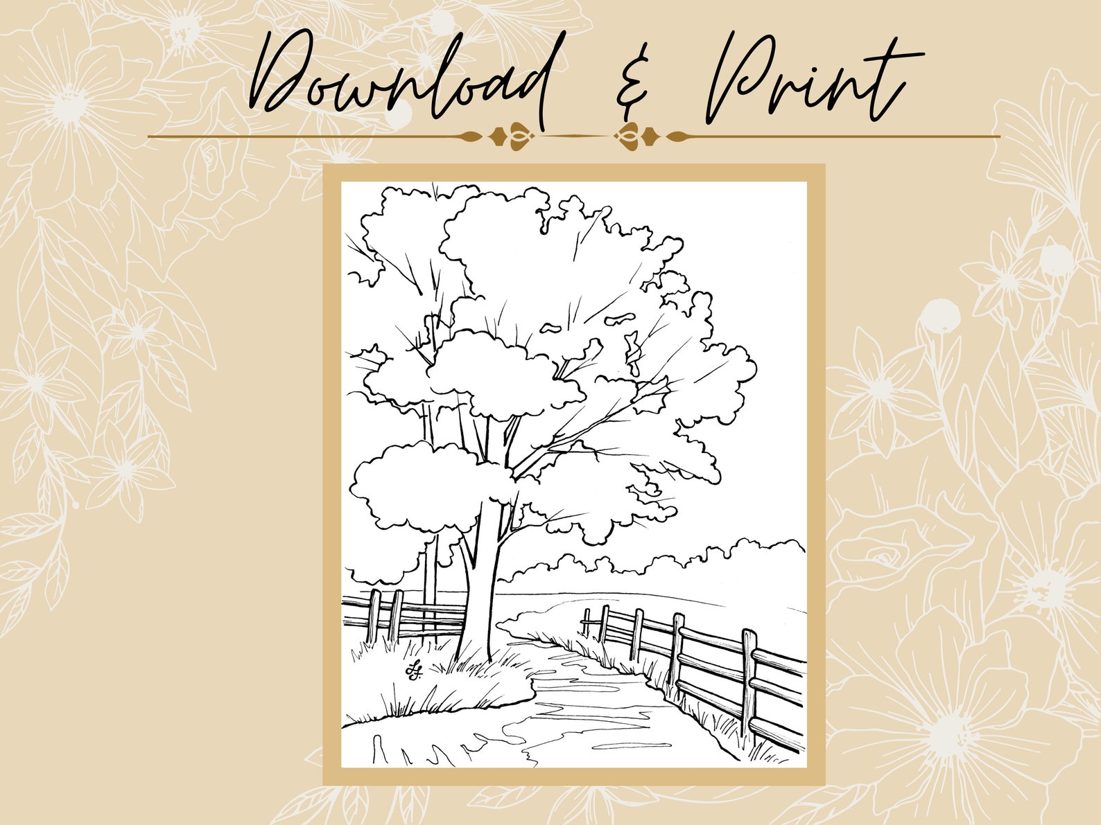 Autumn Tree Landscape Printable Outline Traceable Template for Drawing ...