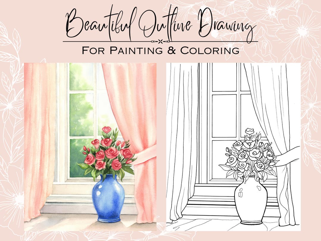 Spring Flower Vase Window Scene Outline: Painting & Coloring Template ...