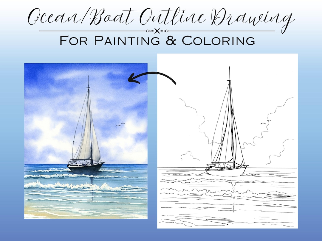 Boat/ocean Seascape Landscape Outline Drawing PDF Digital Download ...