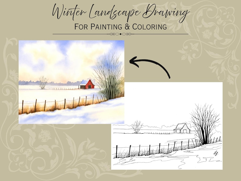 Barn Winter Landscape Drawing Outline PDF Digital Download Template for ...