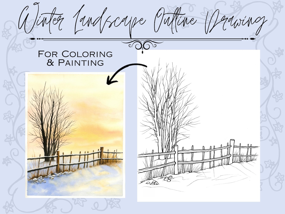 Sunset Winter Landscape Outline Template Drawing PDF Digital Download ...