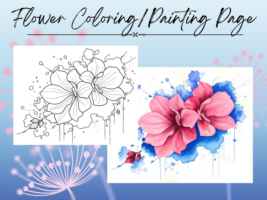 Splashy Blue and Pink Flower Drawing PDF Digital Download Outline ...
