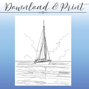Boat/ocean Seascape Landscape Outline Drawing PDF Digital Download ...
