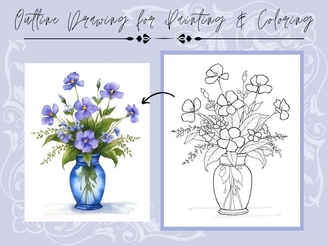 Blue Vase of Flower Drawing Outline Template Digital PDF Printable ...