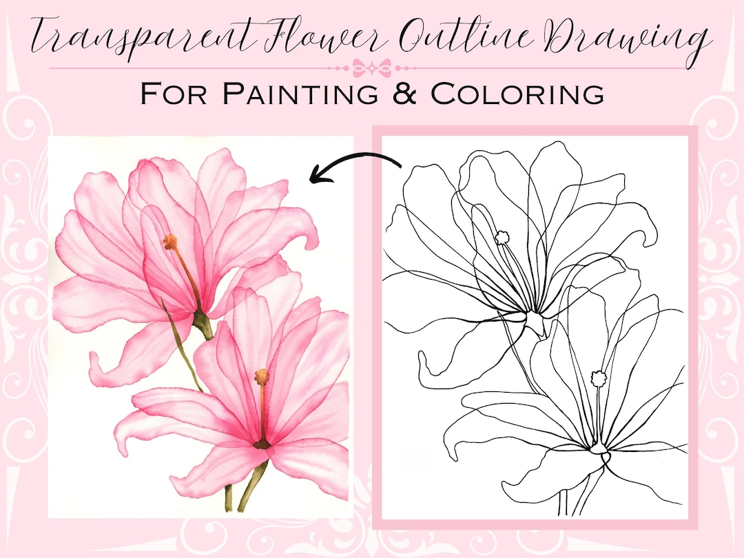 Two Transparent Pink Flowers Outline Template PDF Digital Printable ...