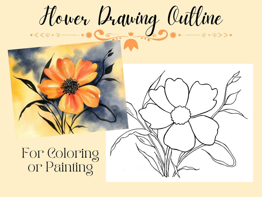 Black and Orange Flower Outline Drawing Digital Template PDF for ...