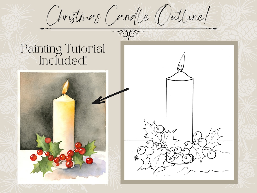 Christmas Candle, Berries, Holly Coloring/painting Page Outline ...