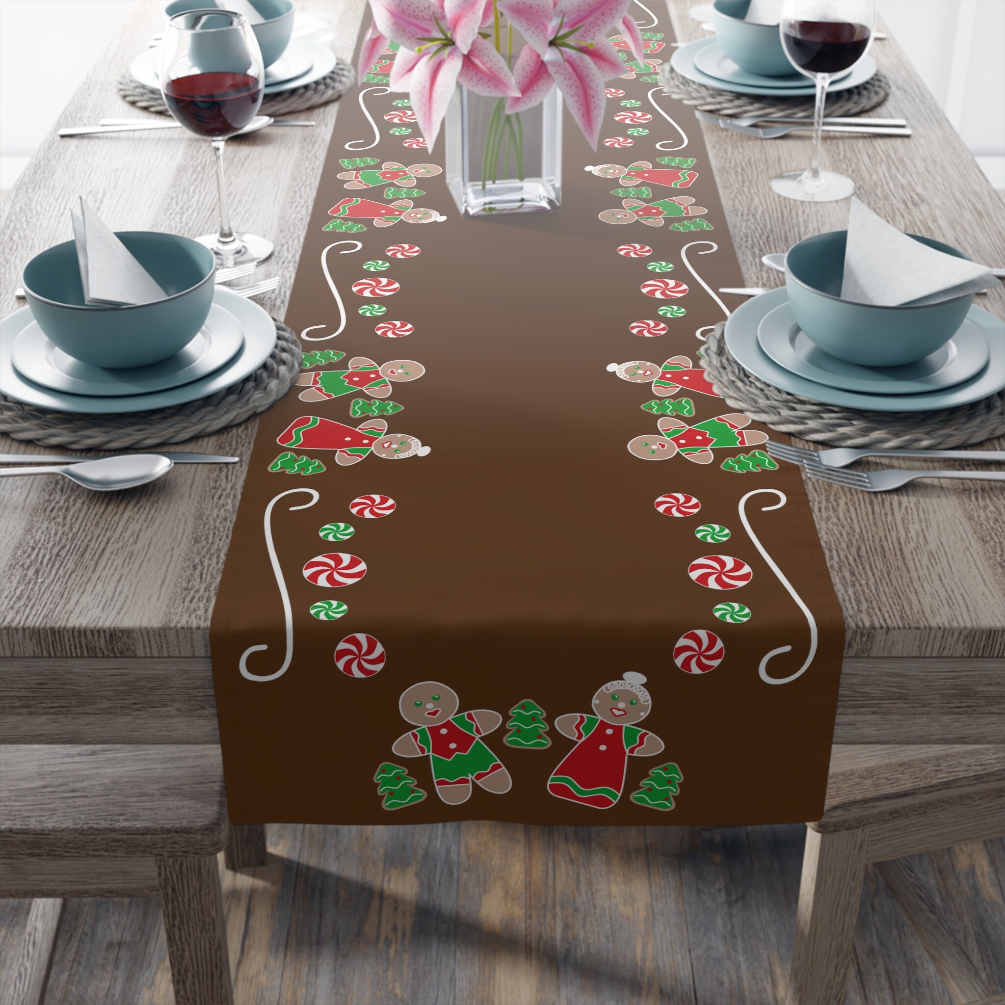 Gingerbread Table Runner Christmas Gingerbread Man Peppermint Candy ...