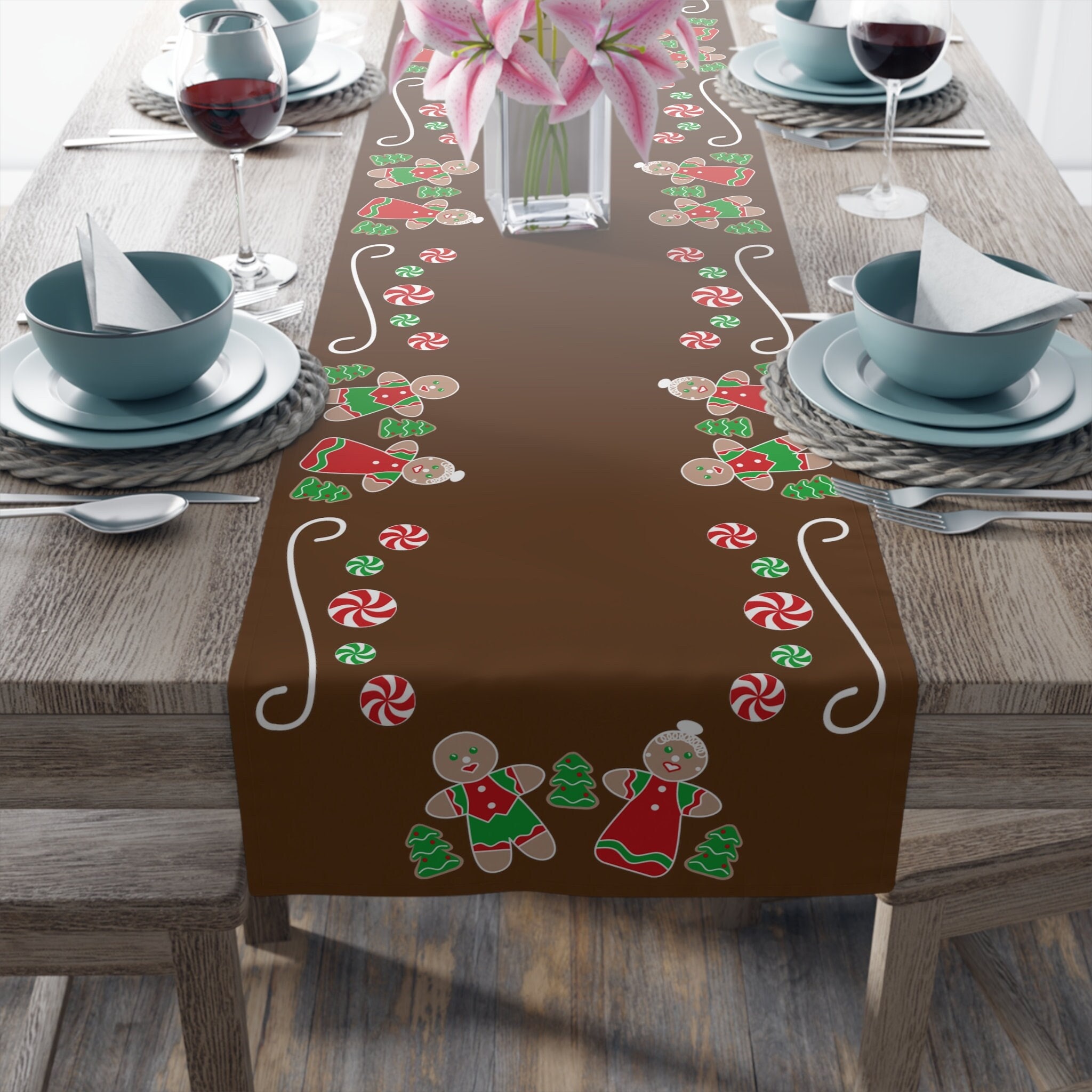 Gingerbread Table Runner Christmas Gingerbread Man Peppermint Candy ...
