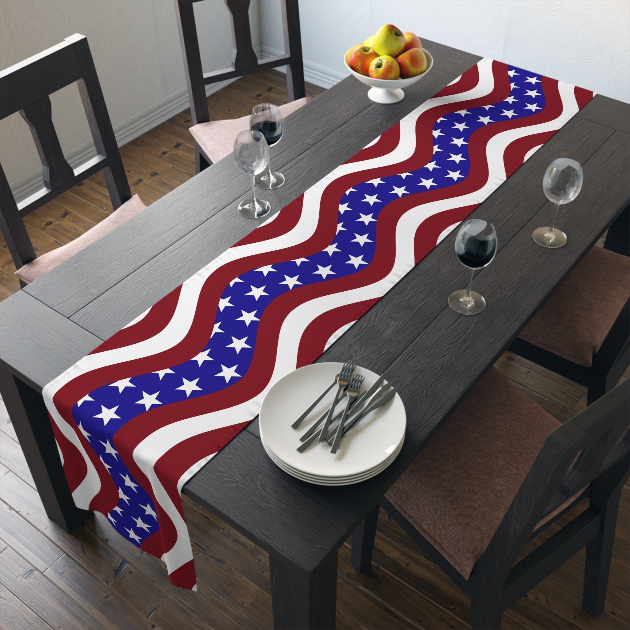 4th of July Table Runner, American Flag Wave Design, Patriotic Kitchen ...