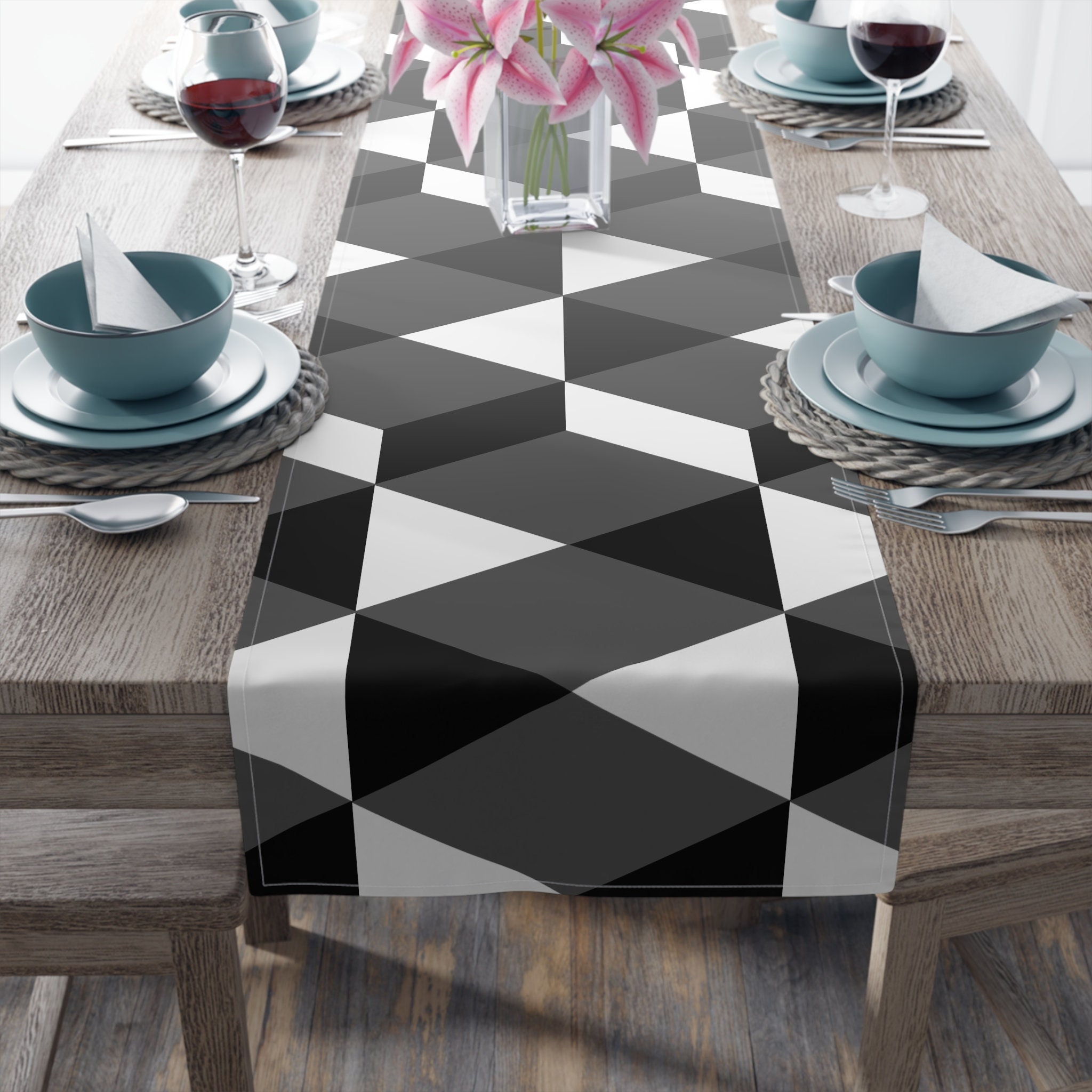 Modern Table Runner Geometric Table Runner Black & White Modern ...