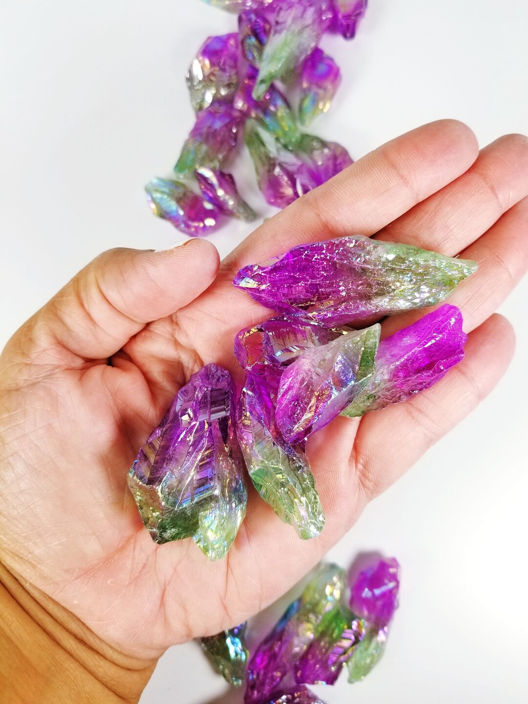 5pc Green Purple Aura Quartz Point Purple Green Quartz Crystal Raw ...