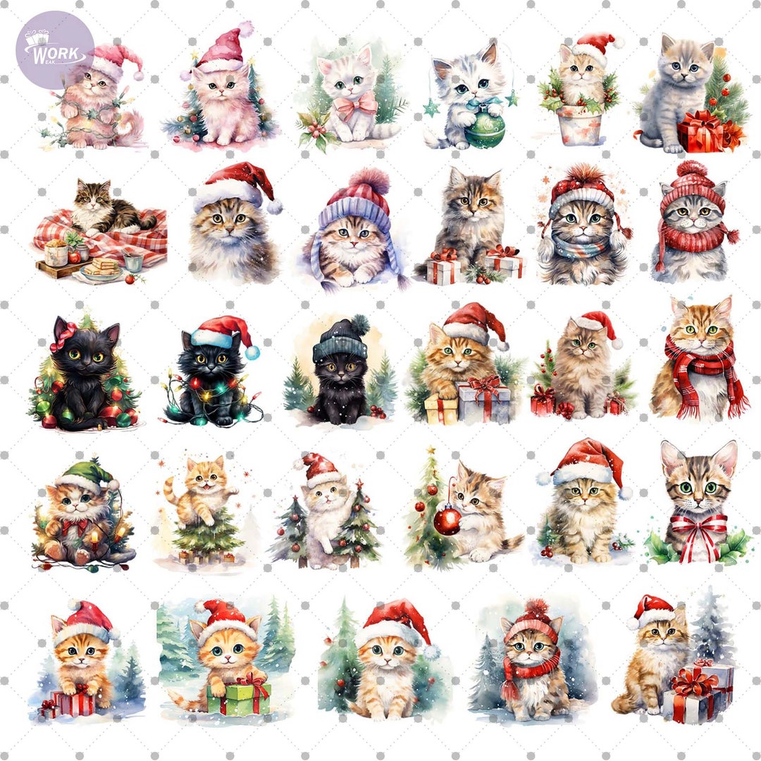 Christmas Cats Watercolor Clipart Bundle 29 PNG Christmas - Etsy UK