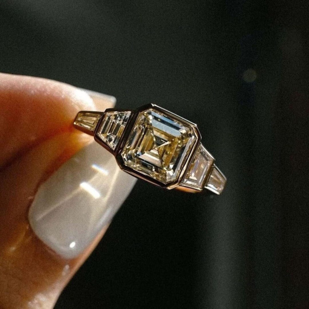 Bezel Set Asscher Cut Moissanite Engagement Ring, Asscher Cut Ring ...