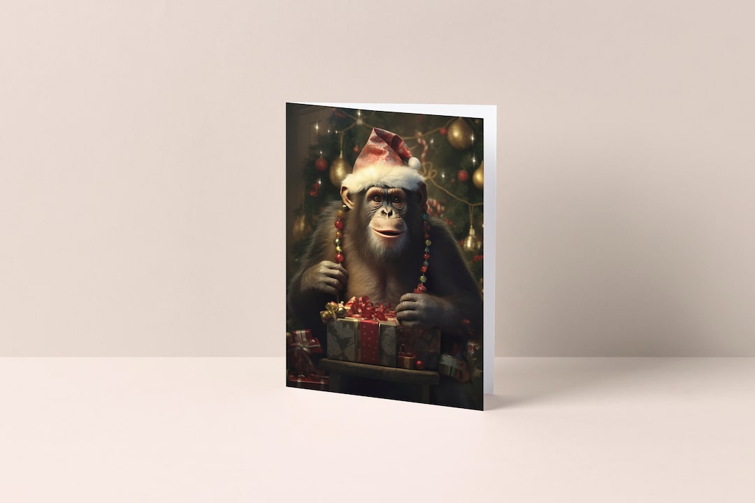 Chimpanzee Monkey With a Christmas Hat, Presents and Tree Christmas ...