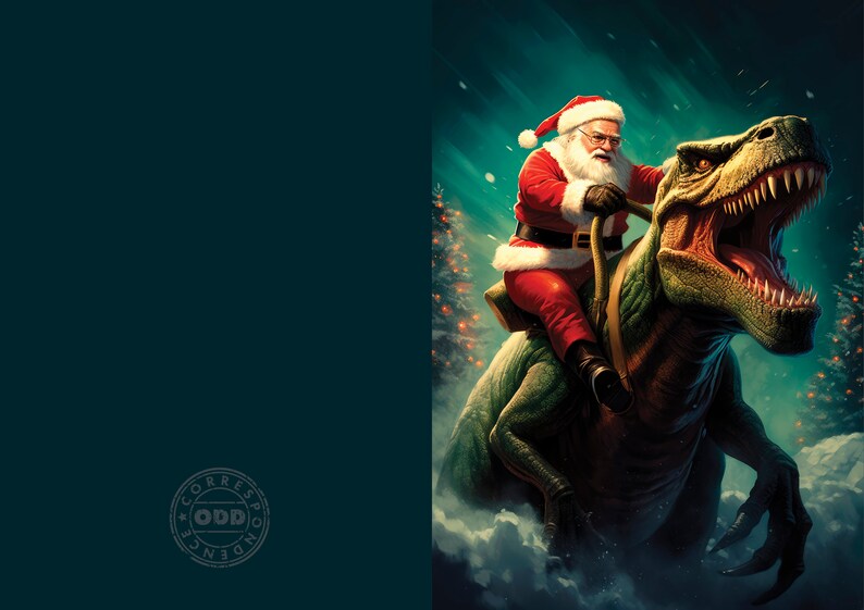 Santa Riding a T-rex Dinosaur A Christmas Card - Etsy