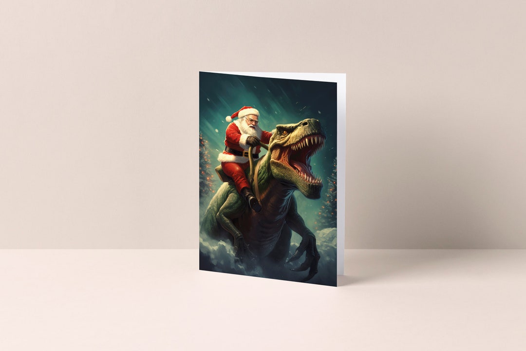 Santa Riding a T-rex Dinosaur A Christmas Card - Etsy