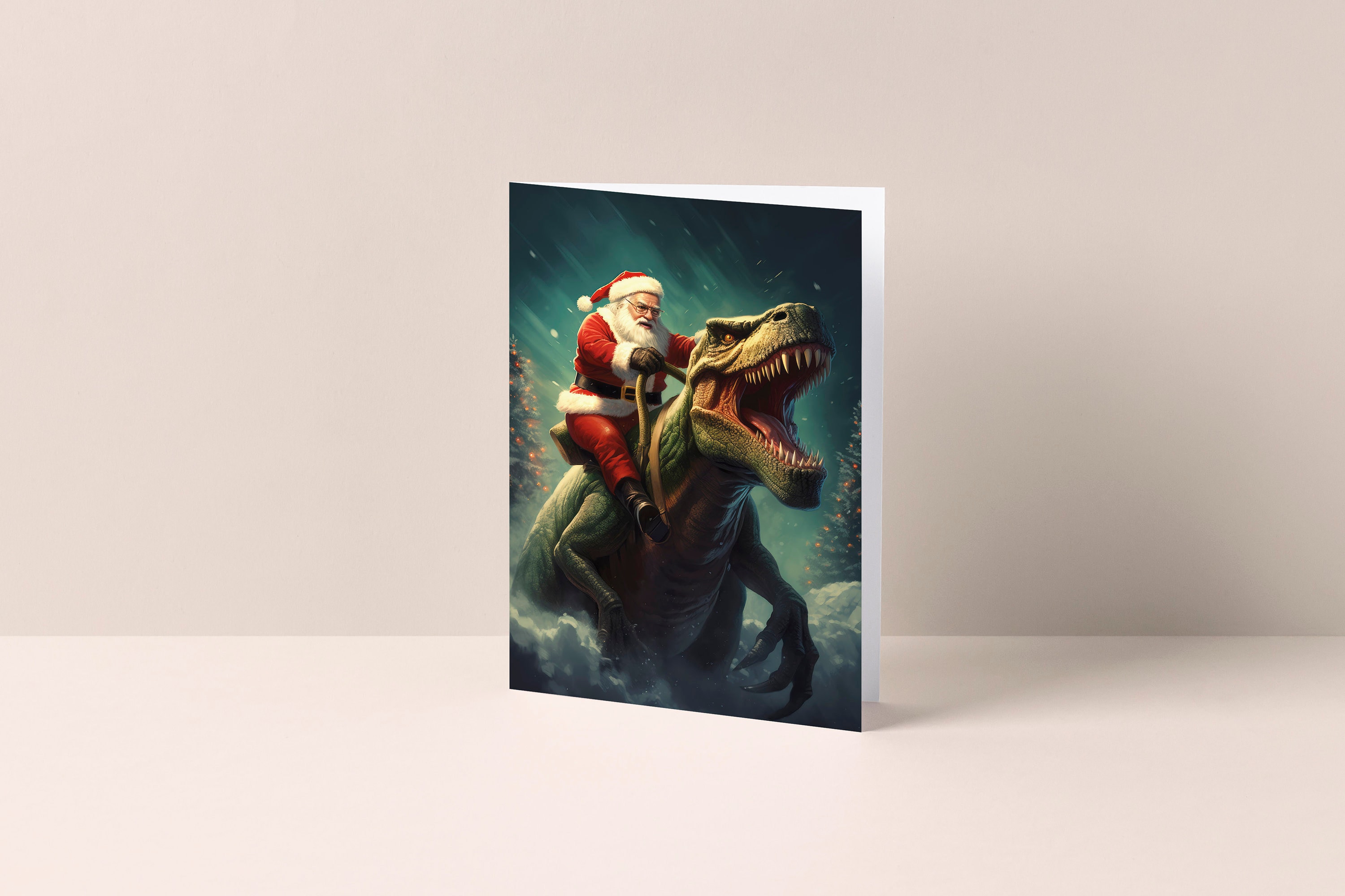 Santa Riding a T-rex Dinosaur A Christmas Card - Etsy