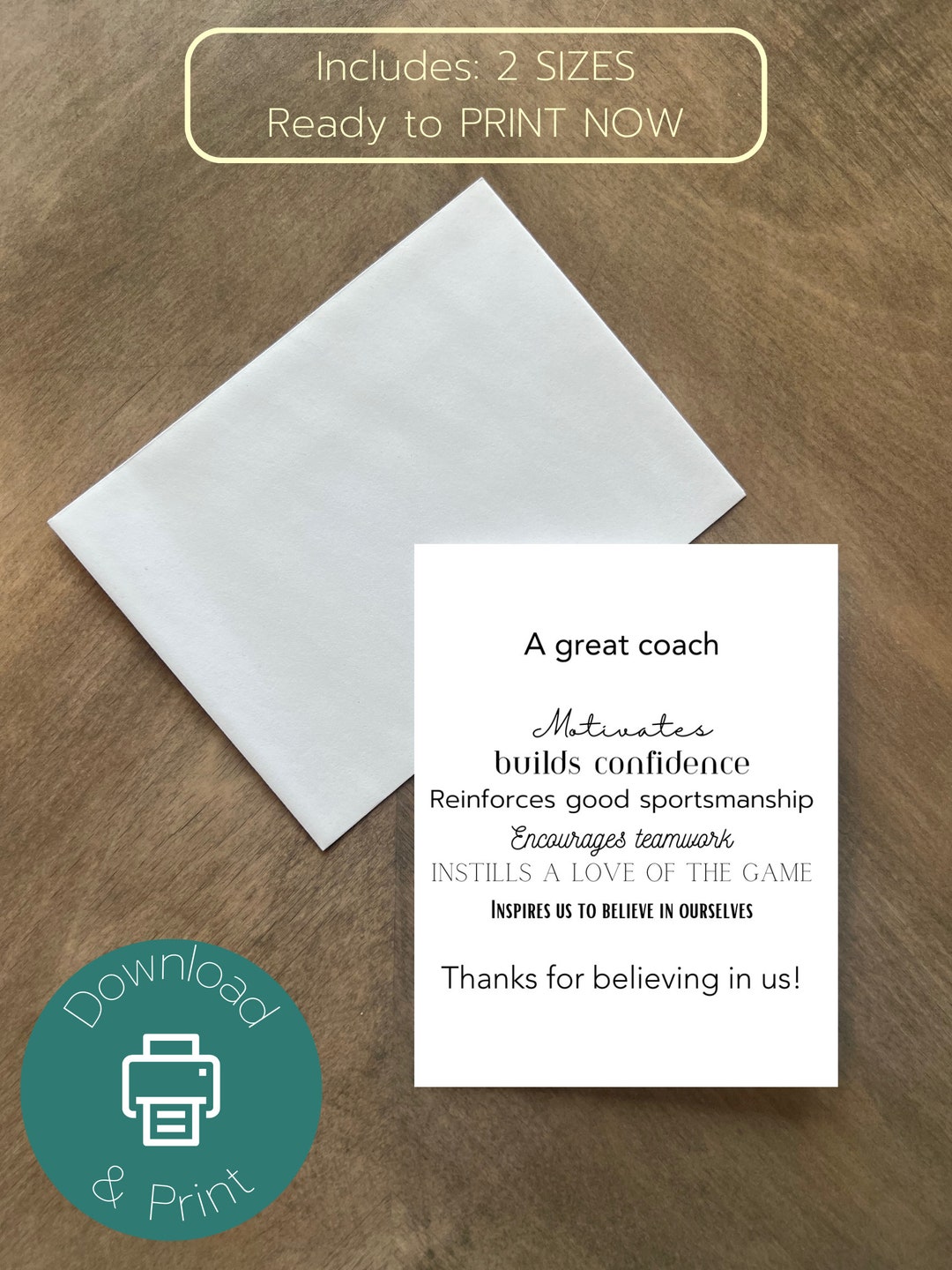 Coach Thank You Printable Card / Great Coach / Role Model / Instant ...
