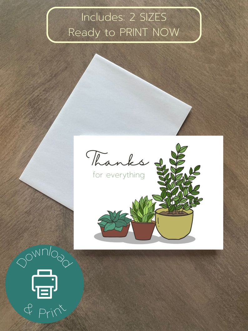 Thank You Plants Printable Card / Instant Download PDF / Card Template ...