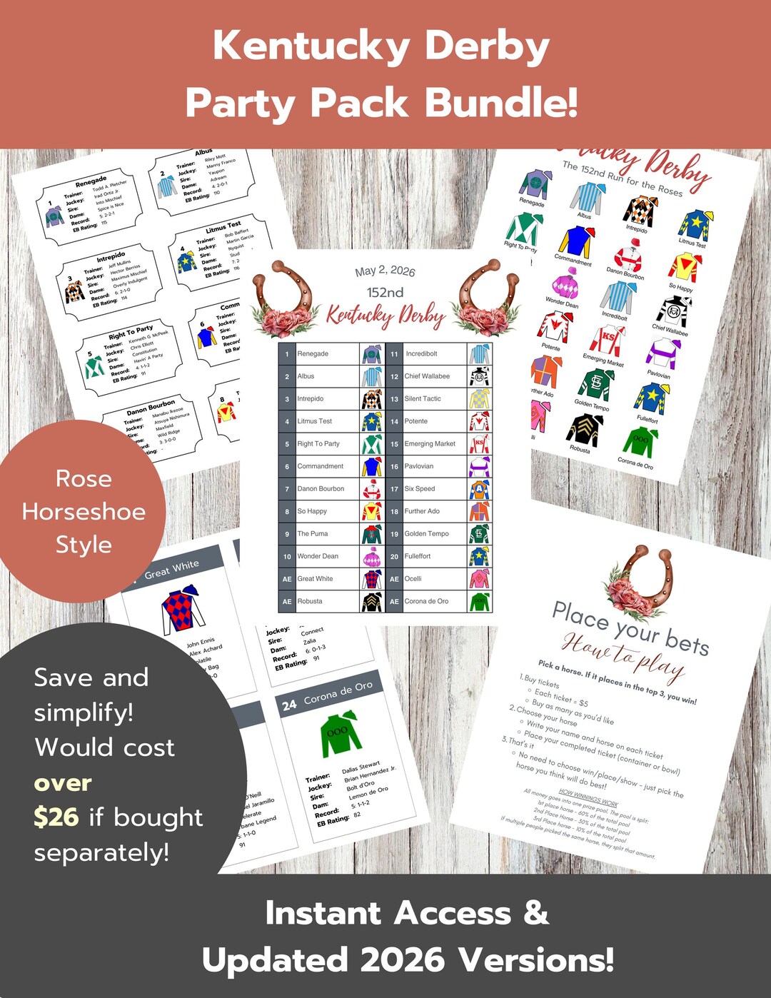 Kentucky Derby Party Pack Bundle, Horseshoe Roses, Jockey Silks ...