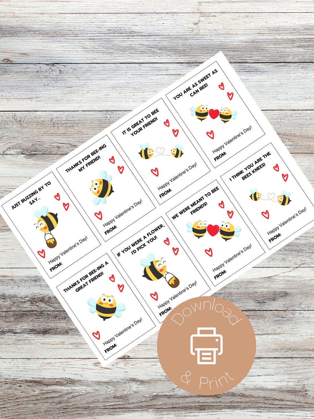 Bee Valentine Cards / Printable / Instant Download Valentine ...