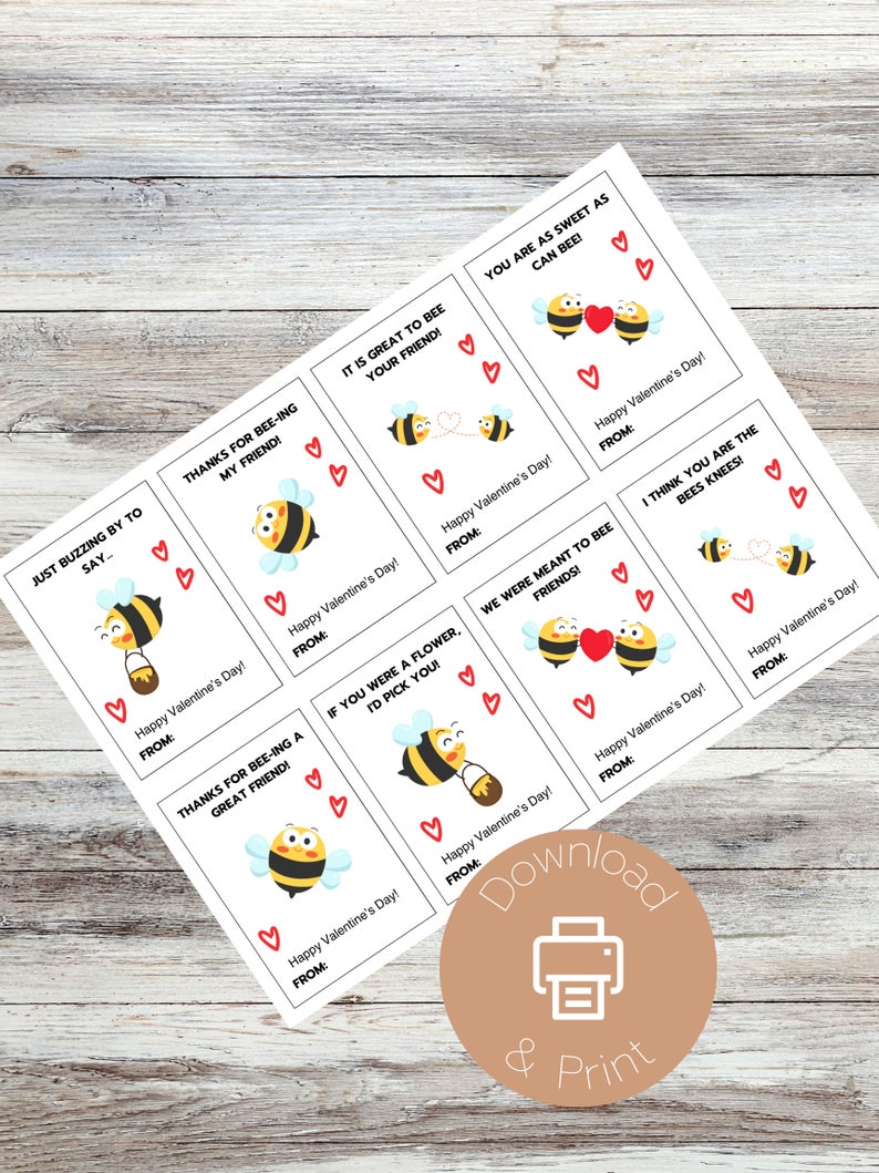Bee Valentine Cards / Printable / Instant Download Valentine ...
