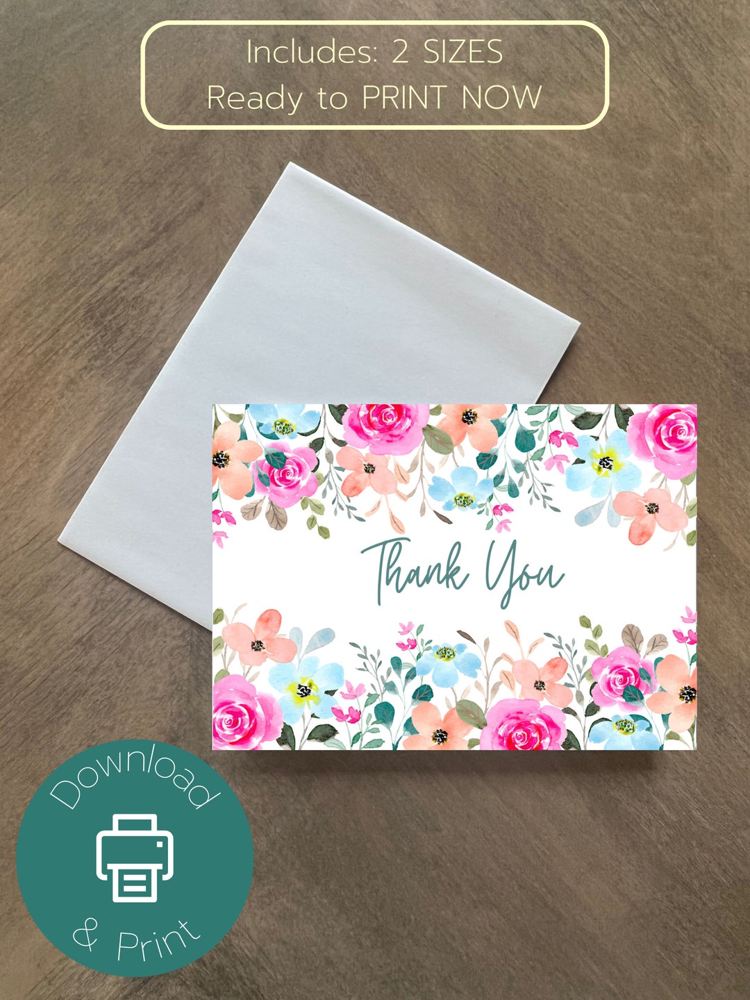 Thank You Floral Printable Card / Instant Download PDF / Card Template ...