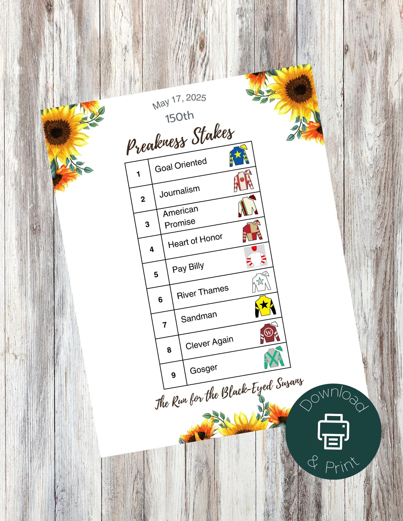 2025 Preakness Horse Roster, Jockey Silks, Horse Race Party Poster ...