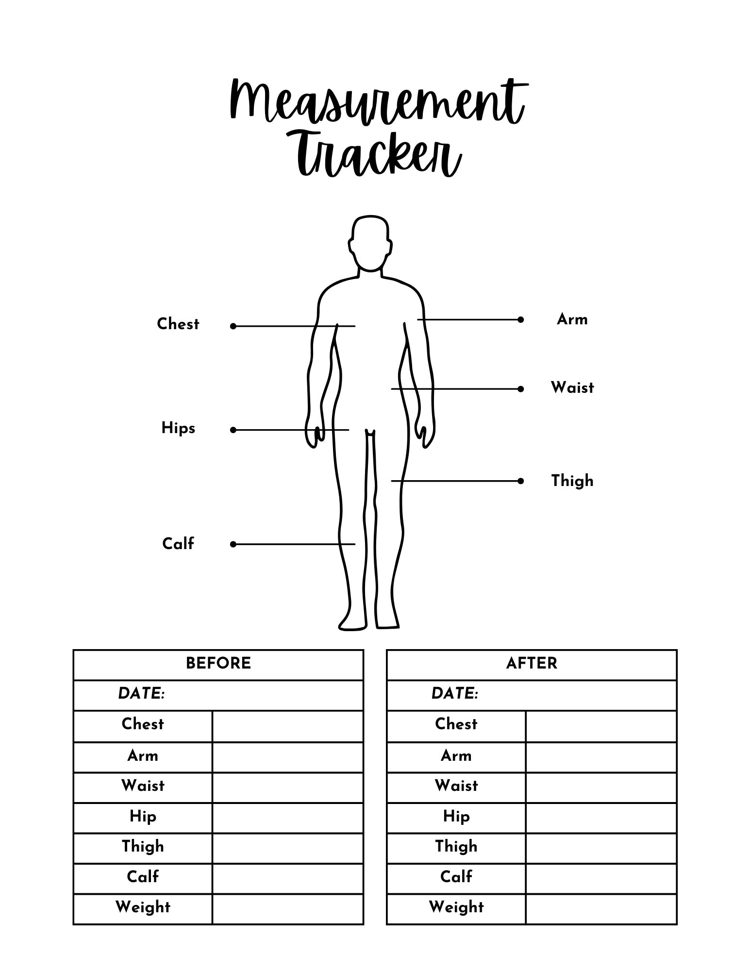 Body Measurement Tracker / A5 Journal Page / Planner Health Weight Size ...