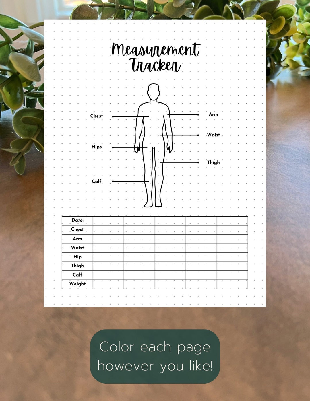 Body Measurement Tracker / A5 Journal Page / Planner Health Weight Size ...