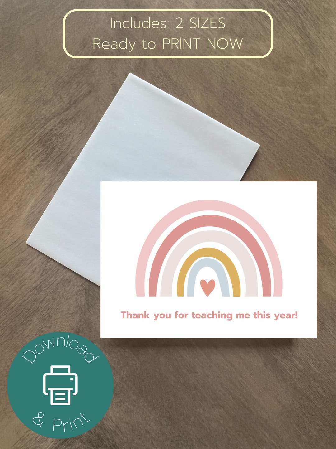 Teacher Thank You Rainbow Printable Card / Instant Download PDF / Card ...