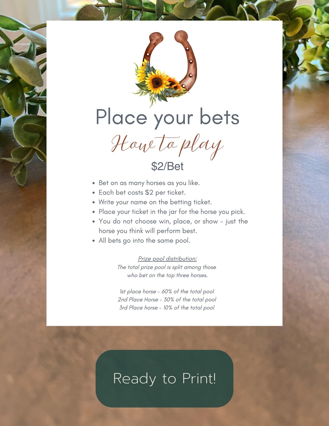 Preakness Stakes Betting Game Printable 2 Dollars – Place Your Bets ...