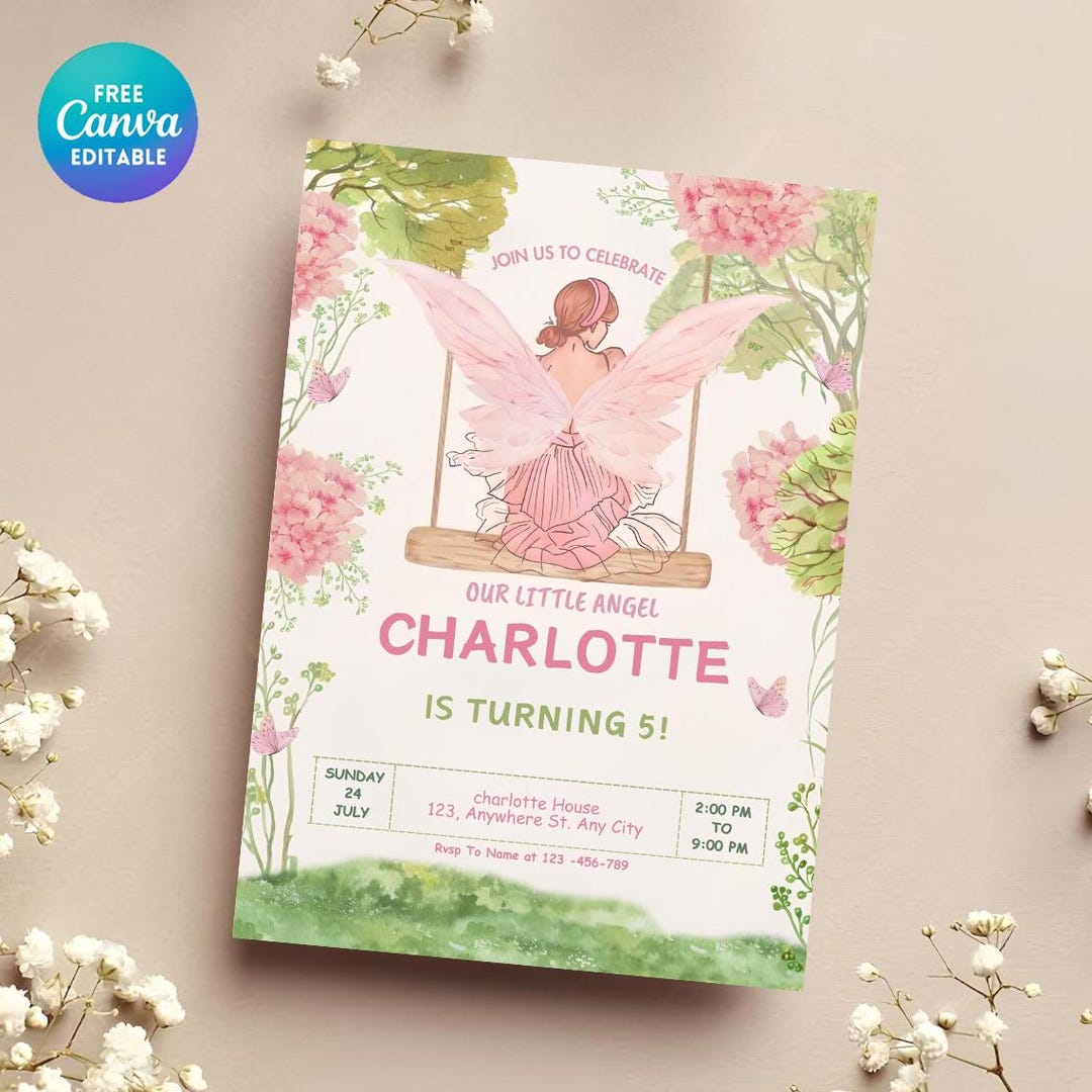 Little Angel Birthday Invitation, Fairy Girl Birthday Invite, Pastel ...