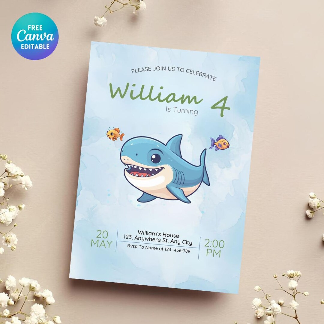 Editable Shark Invitation, Shark Invites, Boy Invitation, Shark ...