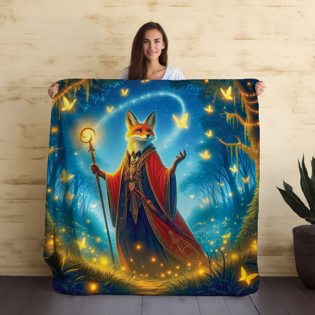 Hobbitcore Fox Blanket, Cottagecore Fox & Fireflies, Enchanted Forest ...