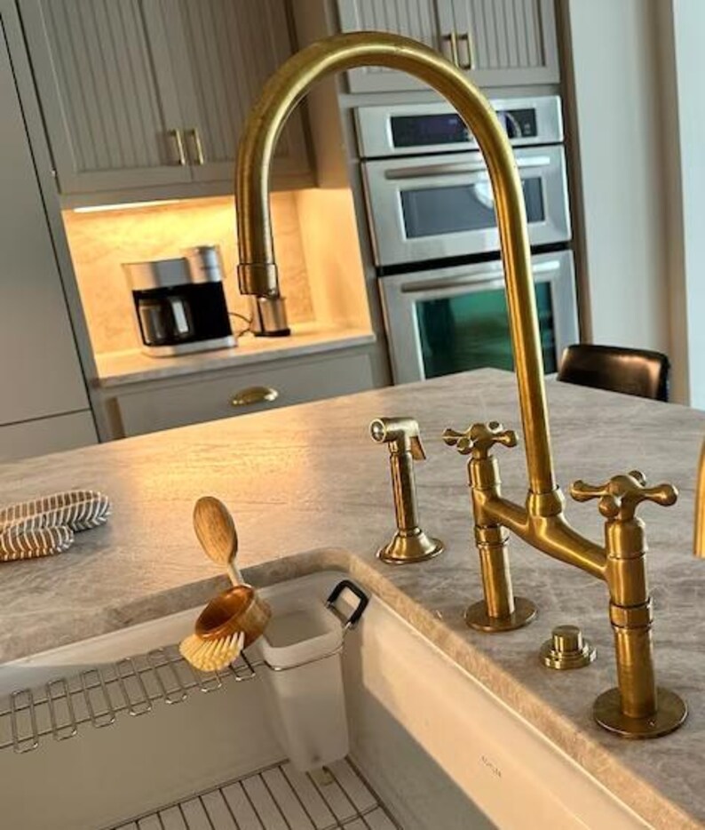 Unlacquered Brass Kitchen Faucet, Solid Brass 8" Bridge Faucet With ...