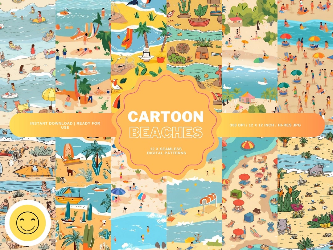 CARTOON BEACHES Digital Tile Pattern Artwork Pack, 12 X 300DPI JPG ...