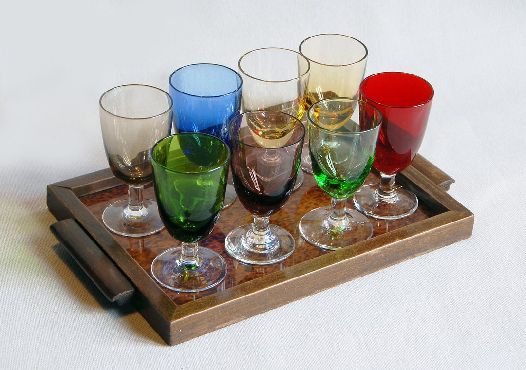 Vintage Wooden Tray, Glass Top + 8 Colored Digestive Glasses. - Etsy